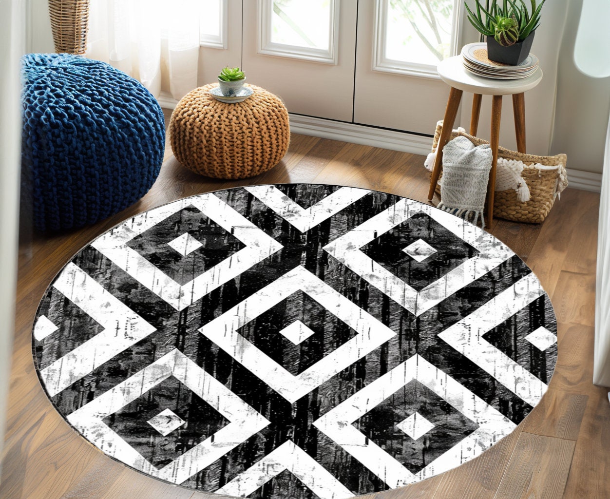 Round Checkers Rug, Black & White Rug, Modern Area Rug, Diamond Print ...