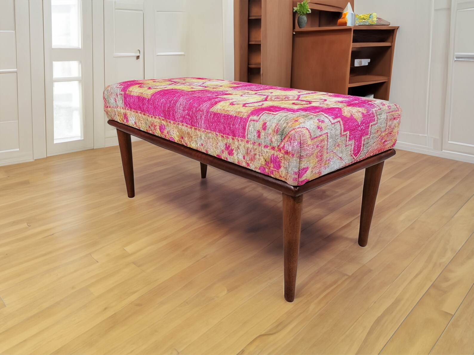 Vibrant Pink Bench, Printed Rug Bench, Dining Bench, Contemporray Bench ...
