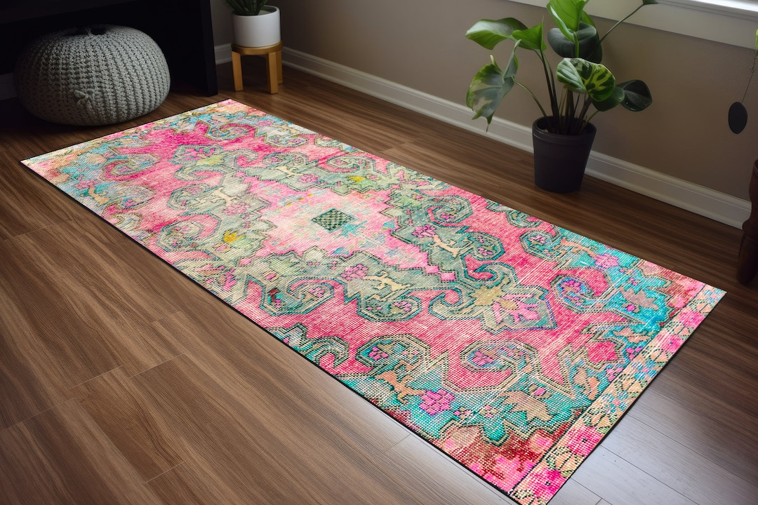 Pastel Color Rug, Pink Green Rug, Rug With Flowers, Kitchen Sink Rug ...