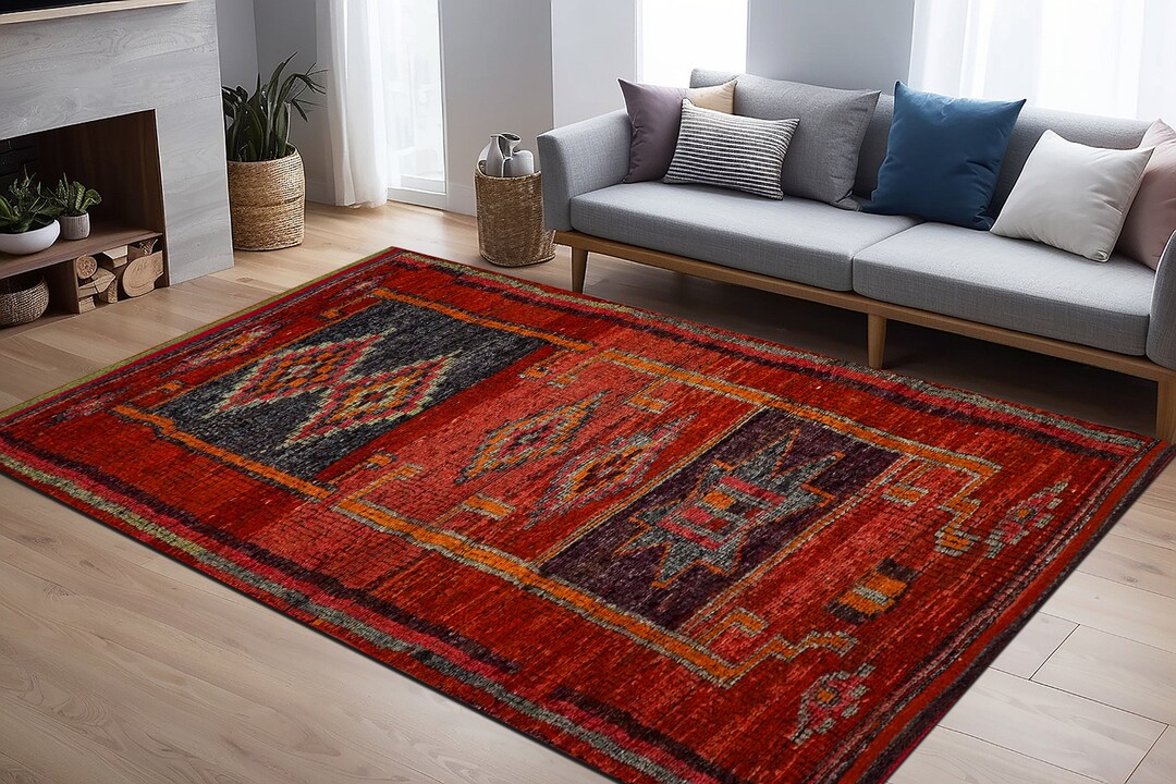 Red Color Rug, Boho Herki Runner, Aesthetic Rug, Washable Rug, Ethnic ...