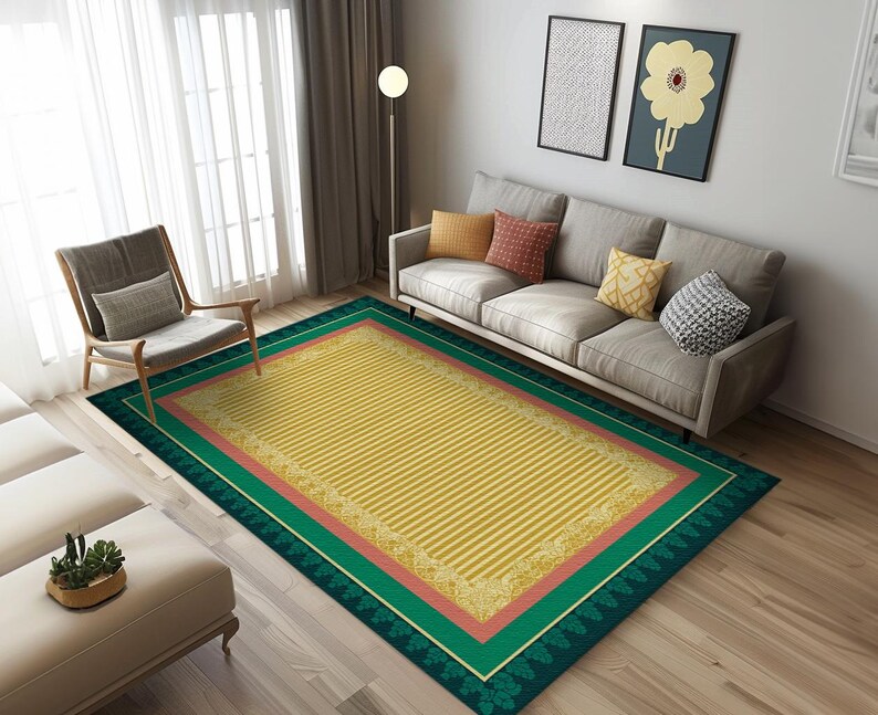 Classic Green Nonslip Area Rug, Red Border Striped Traditional Turkish ...