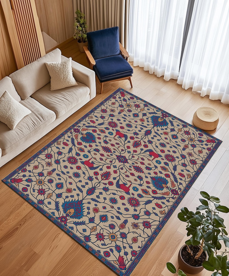 Beige Blue Oriental Rug, Neutral Home Washable Kitchen Floor Mat, M-774 ...