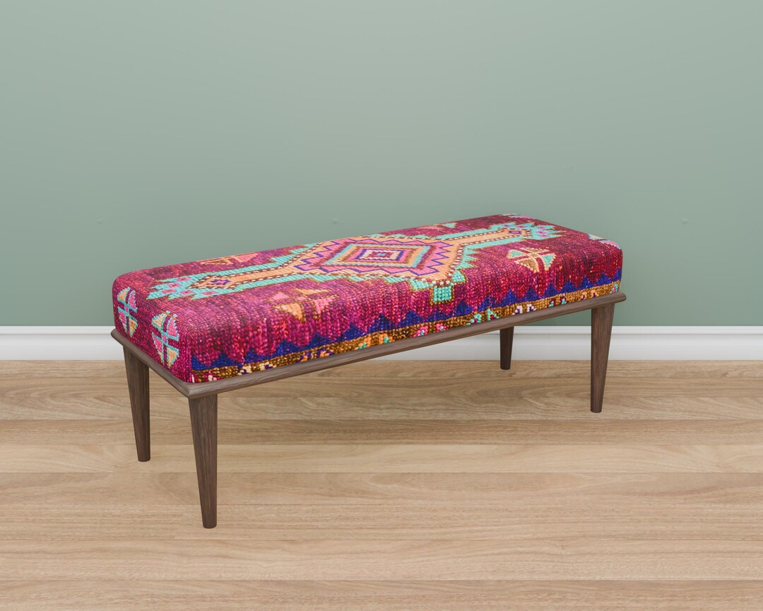 Colorful Boho Upholstered Bench – Handmade Ottoman With Wood Legs ...