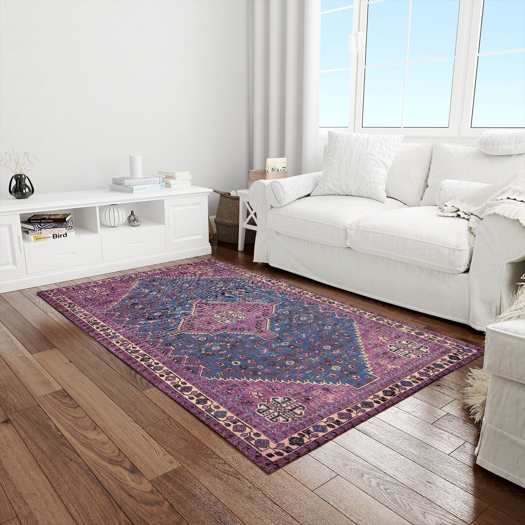 Blue Purple Rug, Oushak Pattern Rug, Boho Decor Rug, Washable Rug, Non ...