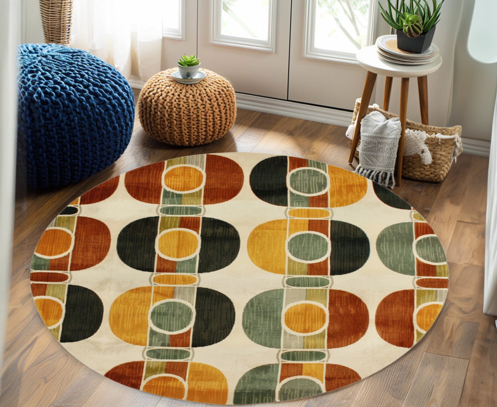 Circle Area Rug, Tiles Rug, Soft Color Rug, Handmade Rug, Bathroom Rug ...