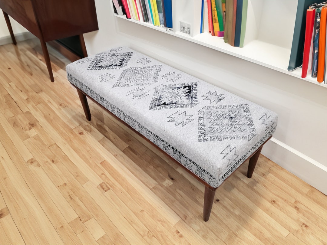 Pouf Ottoman Cover Bench, Boho Textured Bench, Bench With Wooden Legs ...