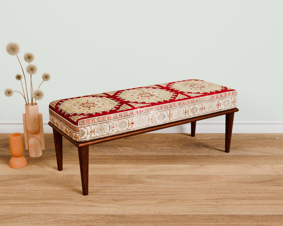 Turkish Print Rug Bench, Ottoman Bench, Vintage Style Bench, Medallion ...