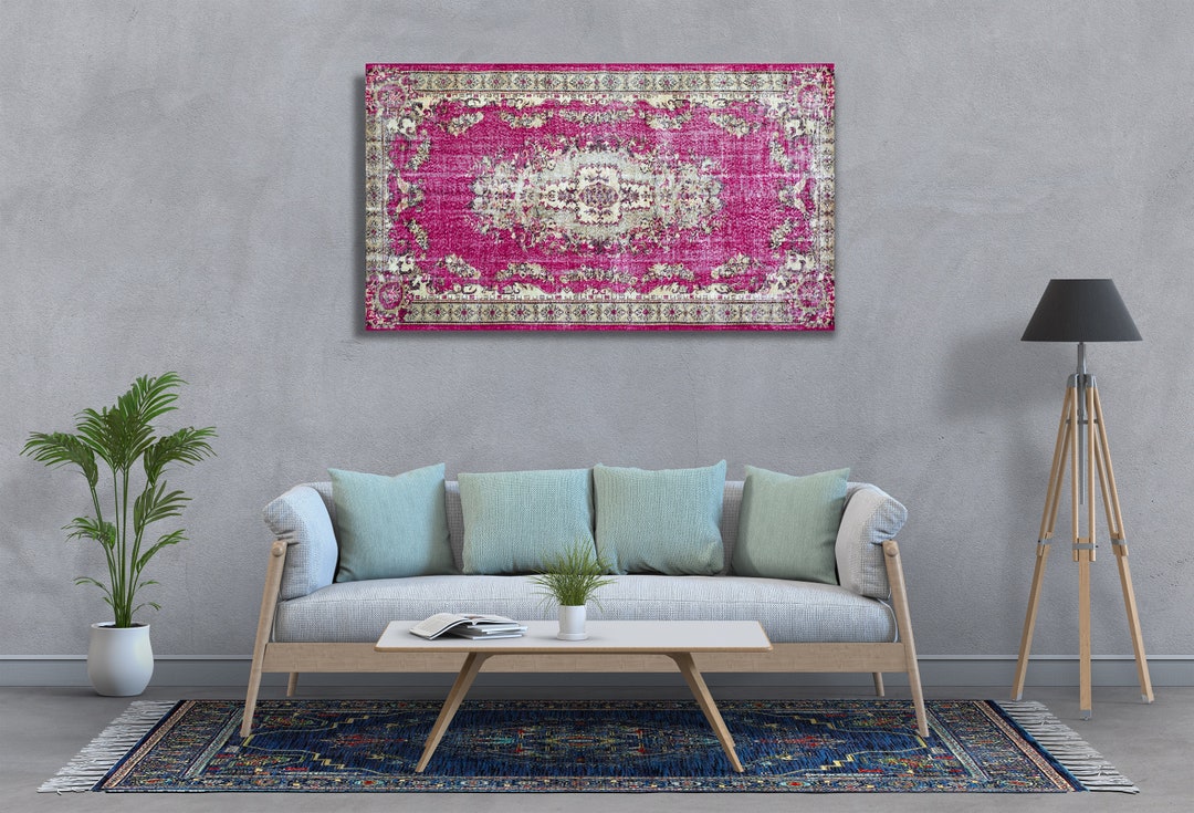 Vintage Rug Art, Textile Wall Art, Wall Hanging, Printed Canvas, Boho ...
