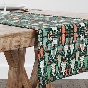 Christmas Woodland Table Scarf, Evergreen Trees Tablecloth, Botanical ...