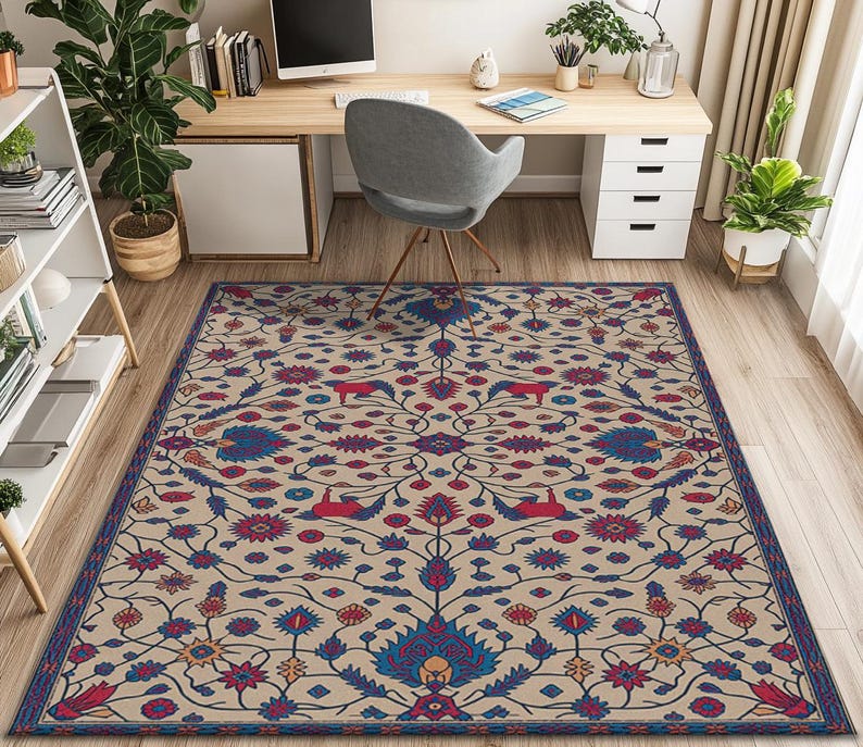 Beige Blue Oriental Rug, Neutral Home Washable Kitchen Floor Mat, M-774 ...