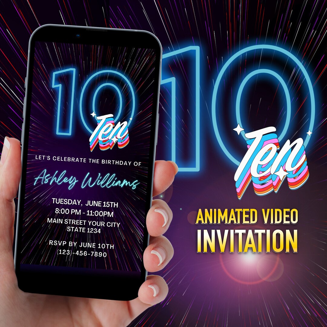 10th Birthday Invitation, Blue Neon Digital Invitation, Text Party ...