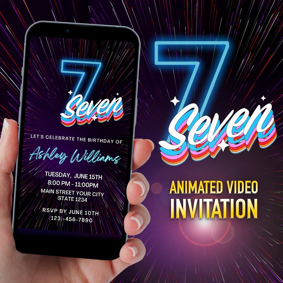 7th Birthday Invitation, Blue Neon Digital Invitation, Text Party ...