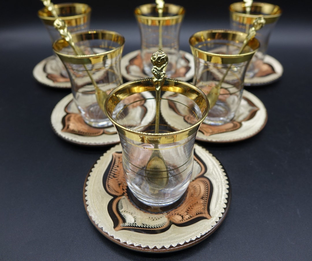 Set of 6 Turkish Tea Glasses With Copper Plates and Gold Metal Rose ...