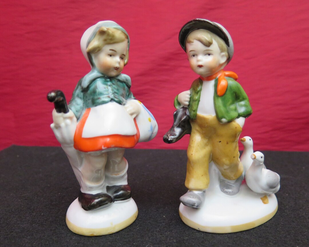 Vintage Pair of German Figurines Girl With Umbrella and Boy With Goose ...