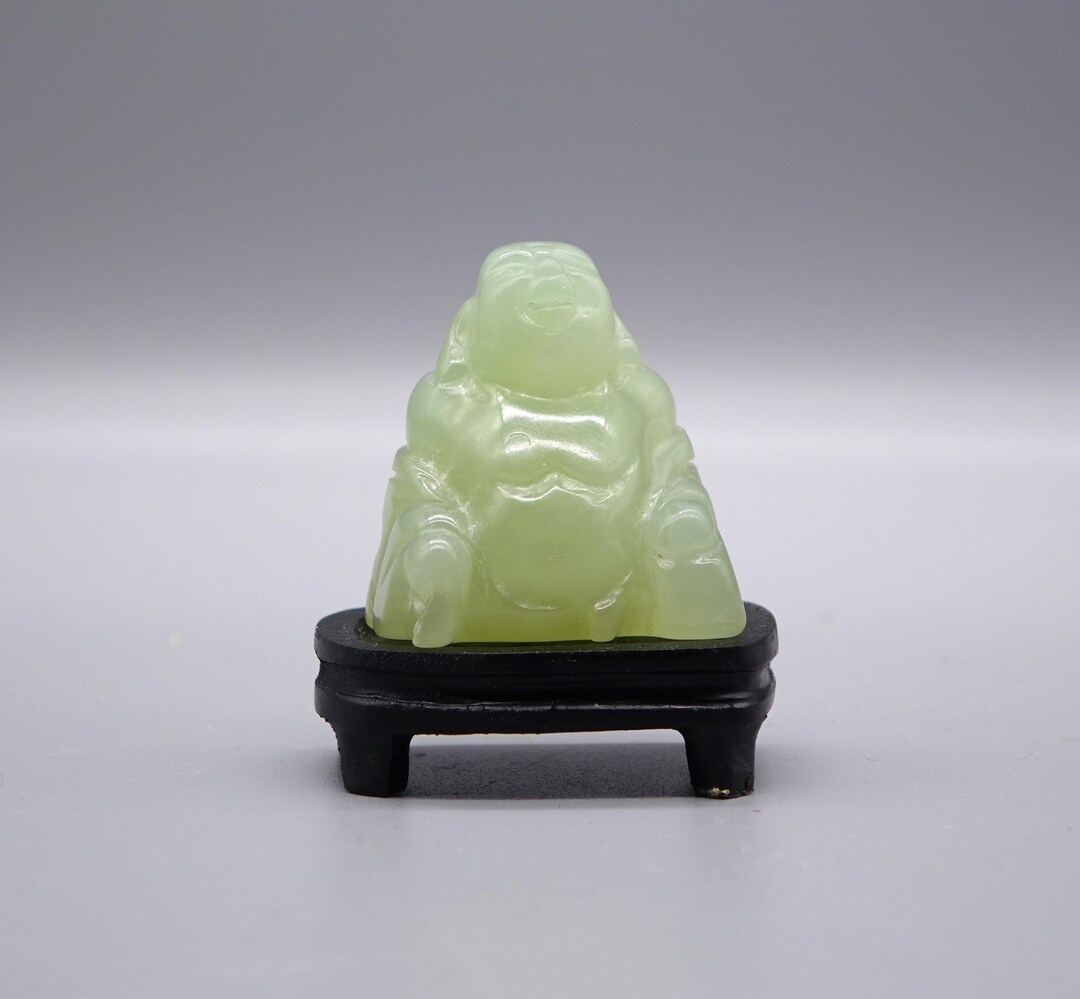 Vintage Small Jade / Nephrite Buddha Light Green on Wood Stand. Chinese ...