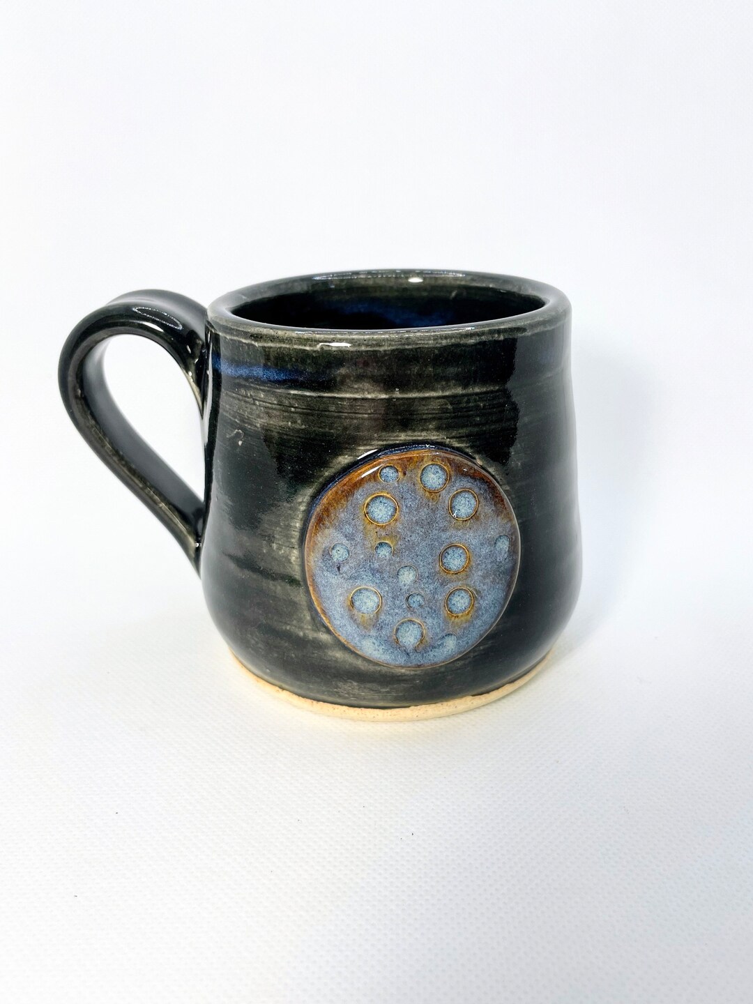 10 Oz. Moon Mug With Black Glaze and Light Blue Moon Handmade Pottery ...