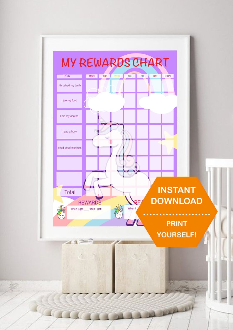 Kids Reward Chart, Unicorn Rainbow Style Purple Pink, Tick off Chores ...