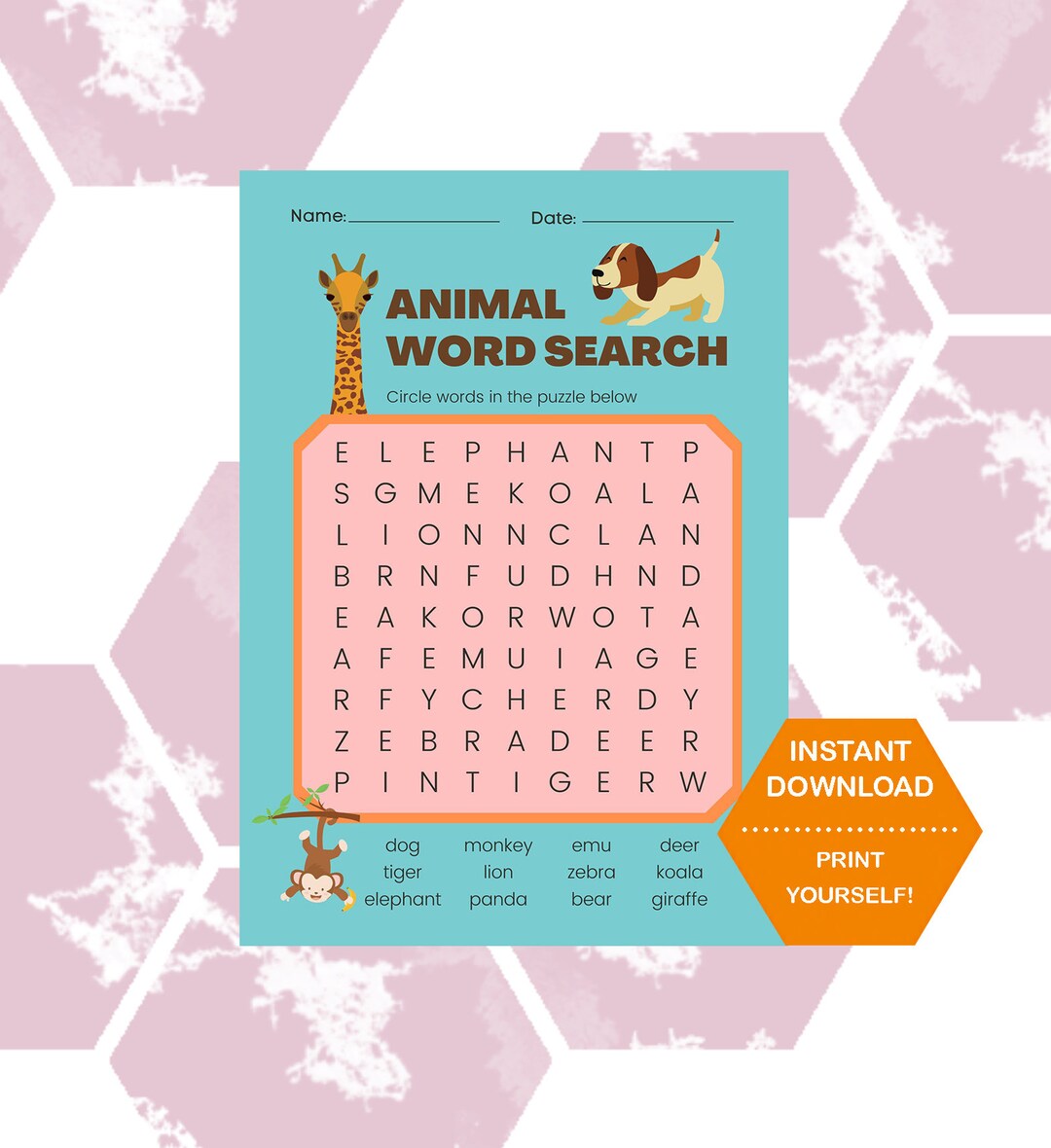 Animal Word Search Printable Instant Download Fun Word Etsy
