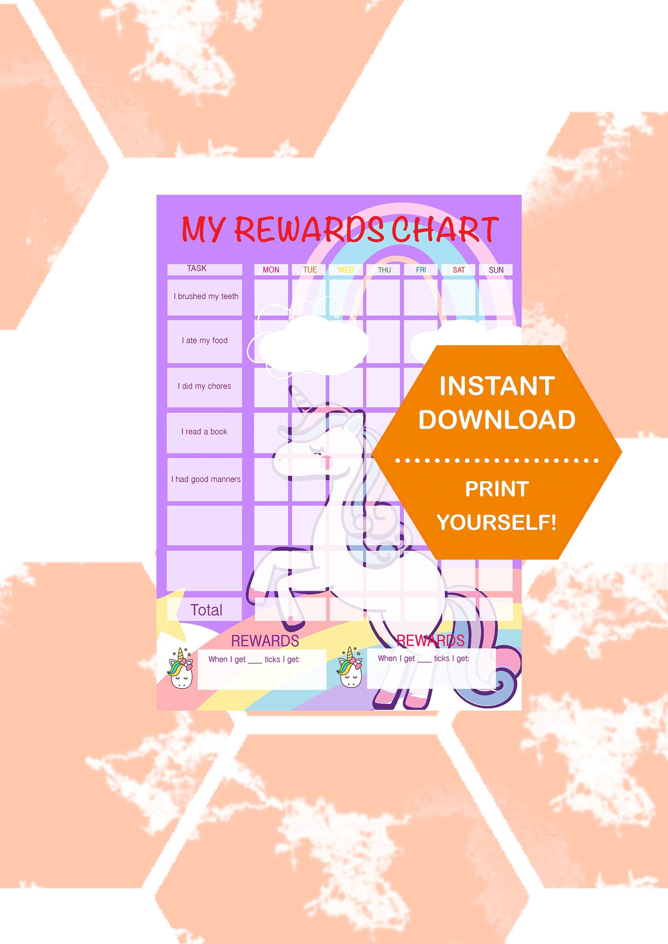 Kids Reward Chart, Unicorn Rainbow Style Purple Pink, Tick off Chores ...