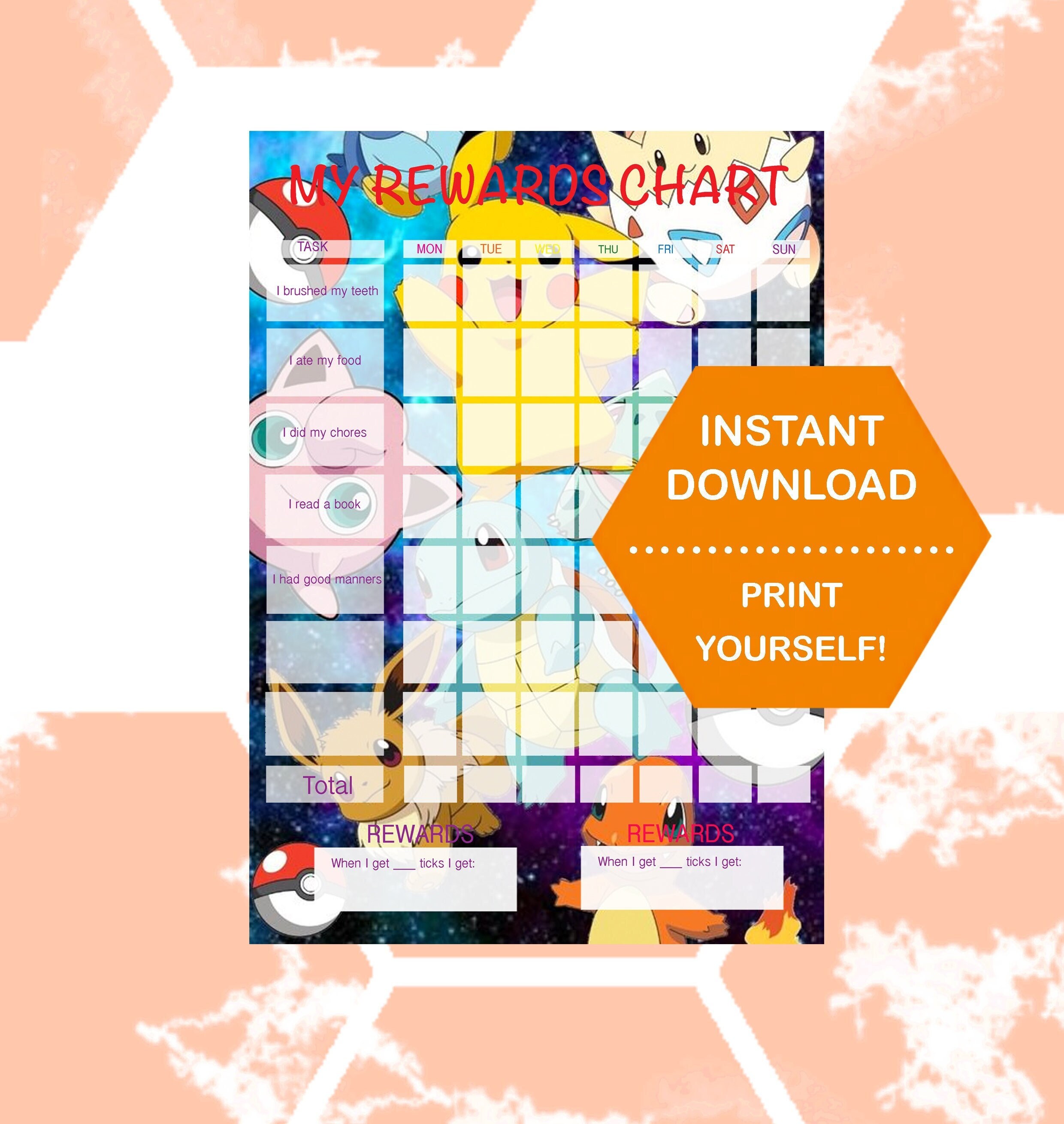 Kids Reward Chart, Pokemon Pokémon Pikachu Bulbasaur Style Tick off ...