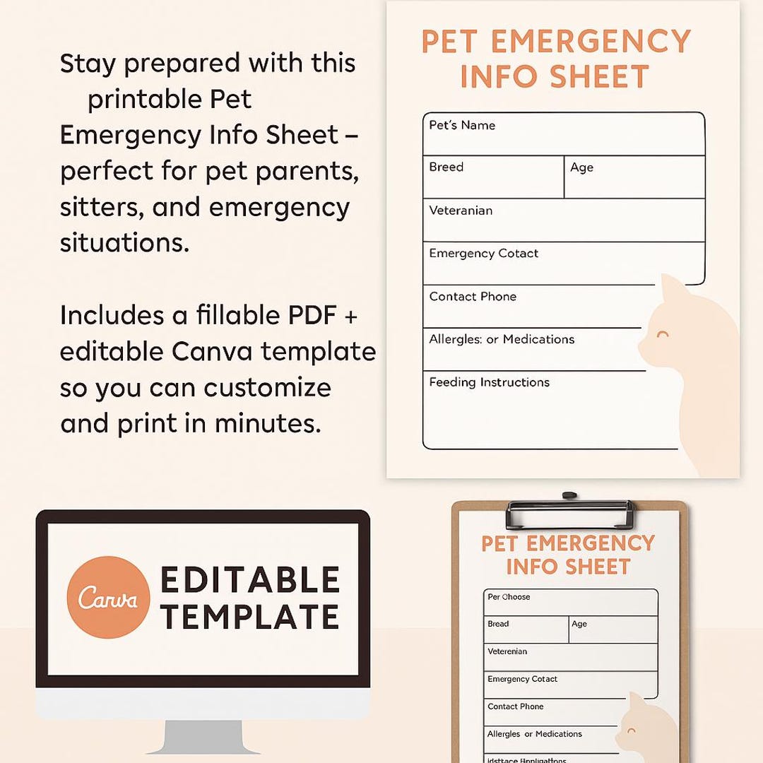 Pet Emergency Info Sheet | Printable PDF and Canva Template | Pet ...