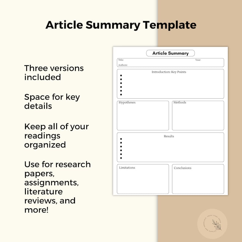 Article Summary Sheet, Academic Research Paper Organization, Printable ...