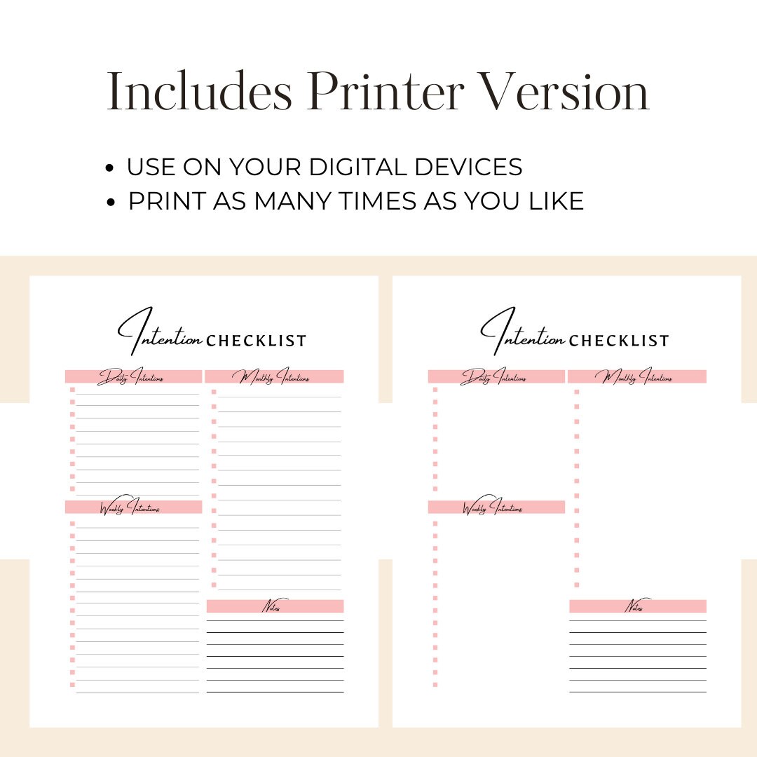 Intention Checklist, Digital Goal Setting, Selfcare Intention Setting ...