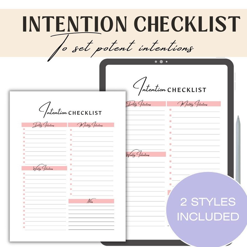 Intention Checklist, Digital Goal Setting, Selfcare Intention Setting ...