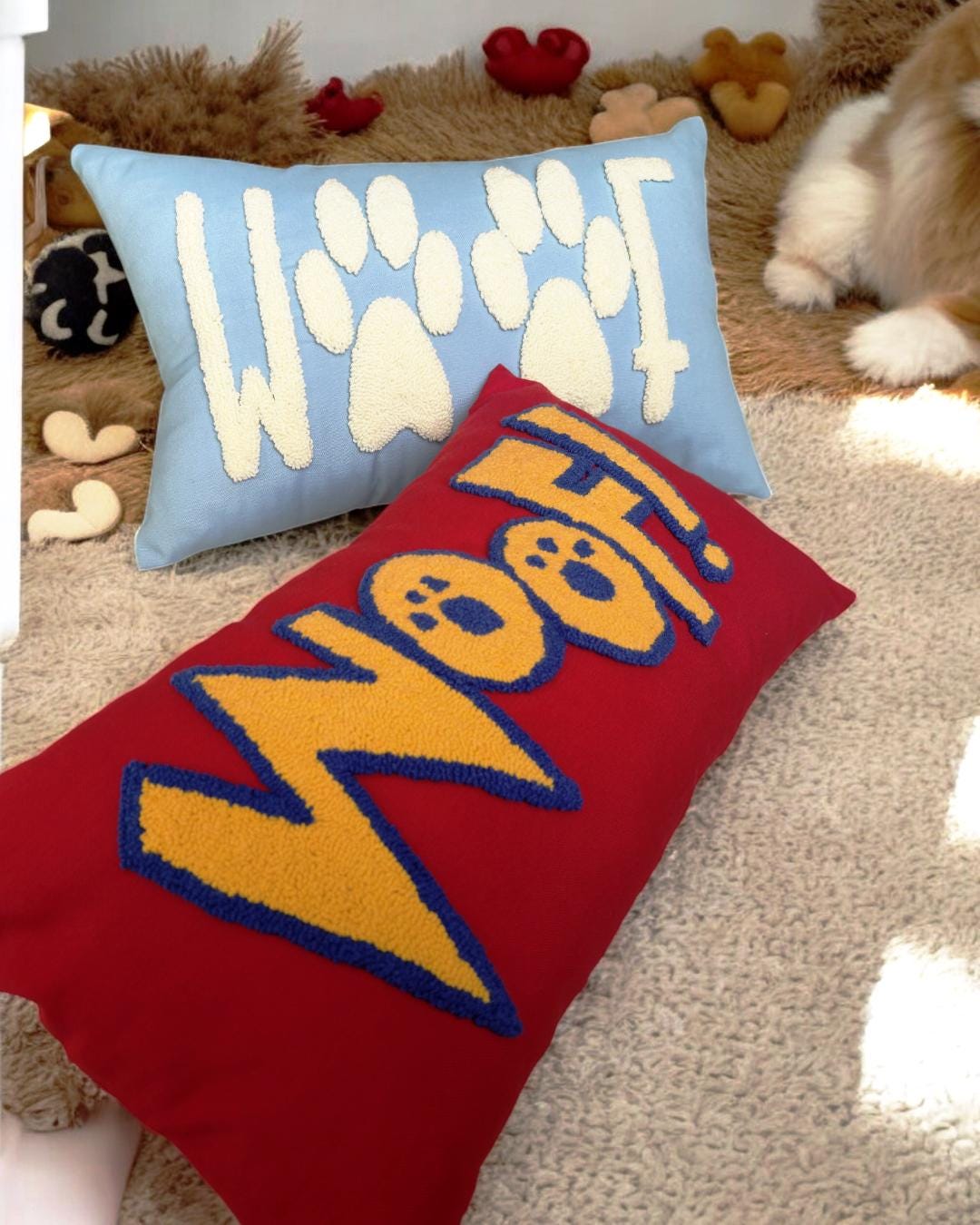 Woof Punch Needle Embroidered Pillow, Dog Lover Gift, Linen Lumbar ...