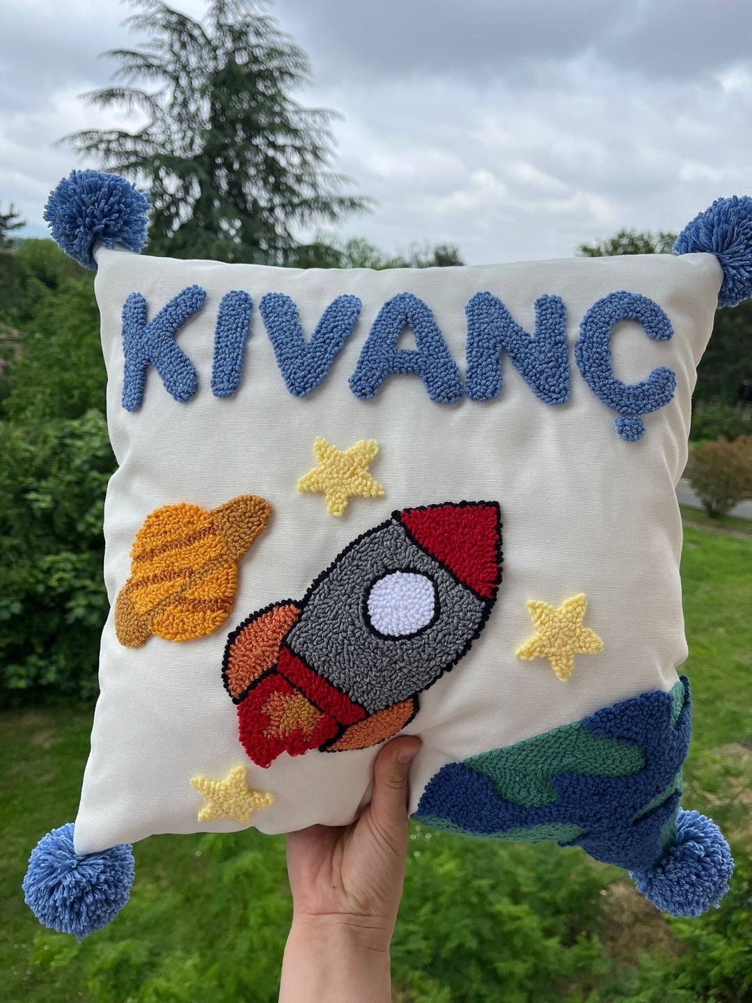 Personalized Space Theme Pillow Cover, Name Punch Needle Pillow ...