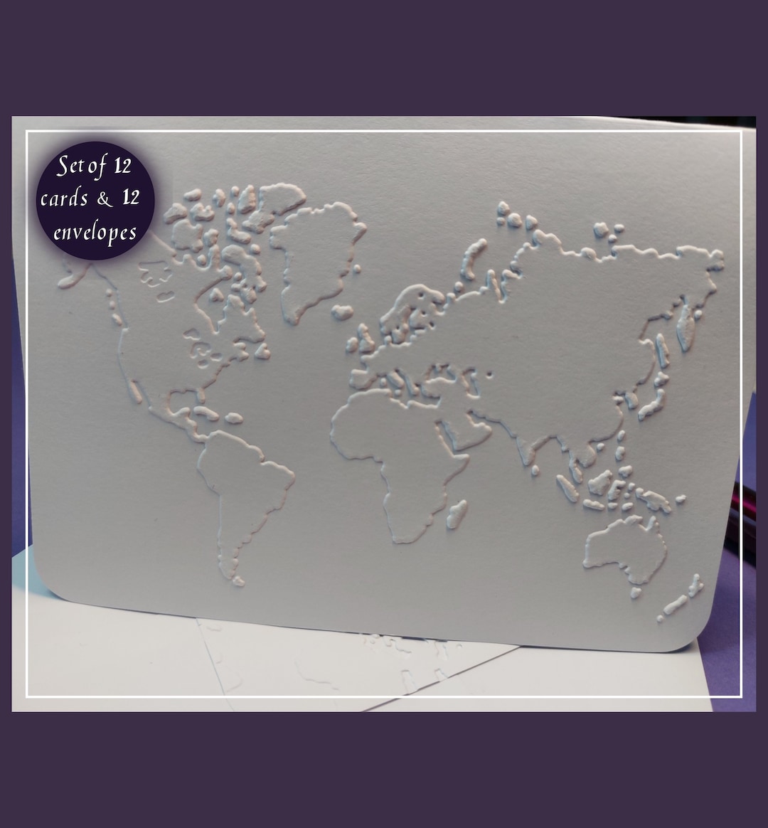 12 Handmade Embossed World Map Cards and Envelopes. A6. No Plastic or ...