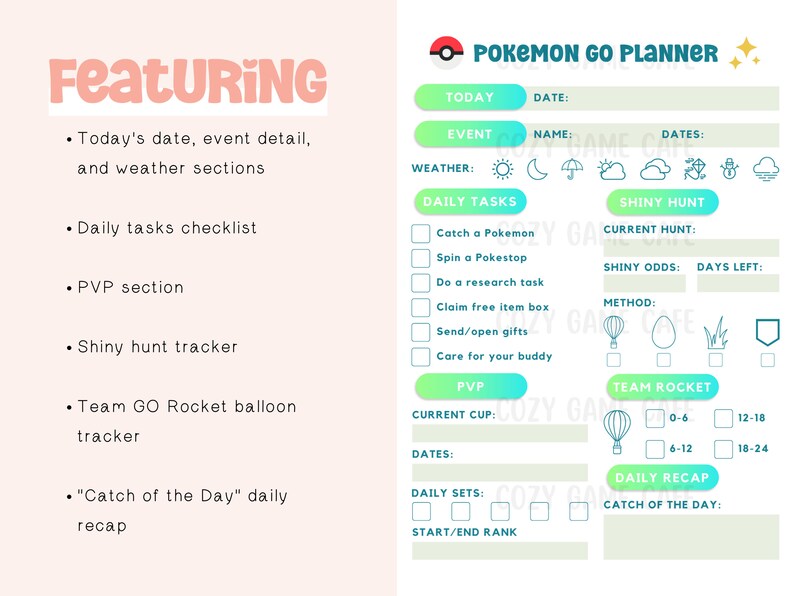 Pokemon GO Daily Planner Printable Pokemon GO Printable Checklist Daily ...