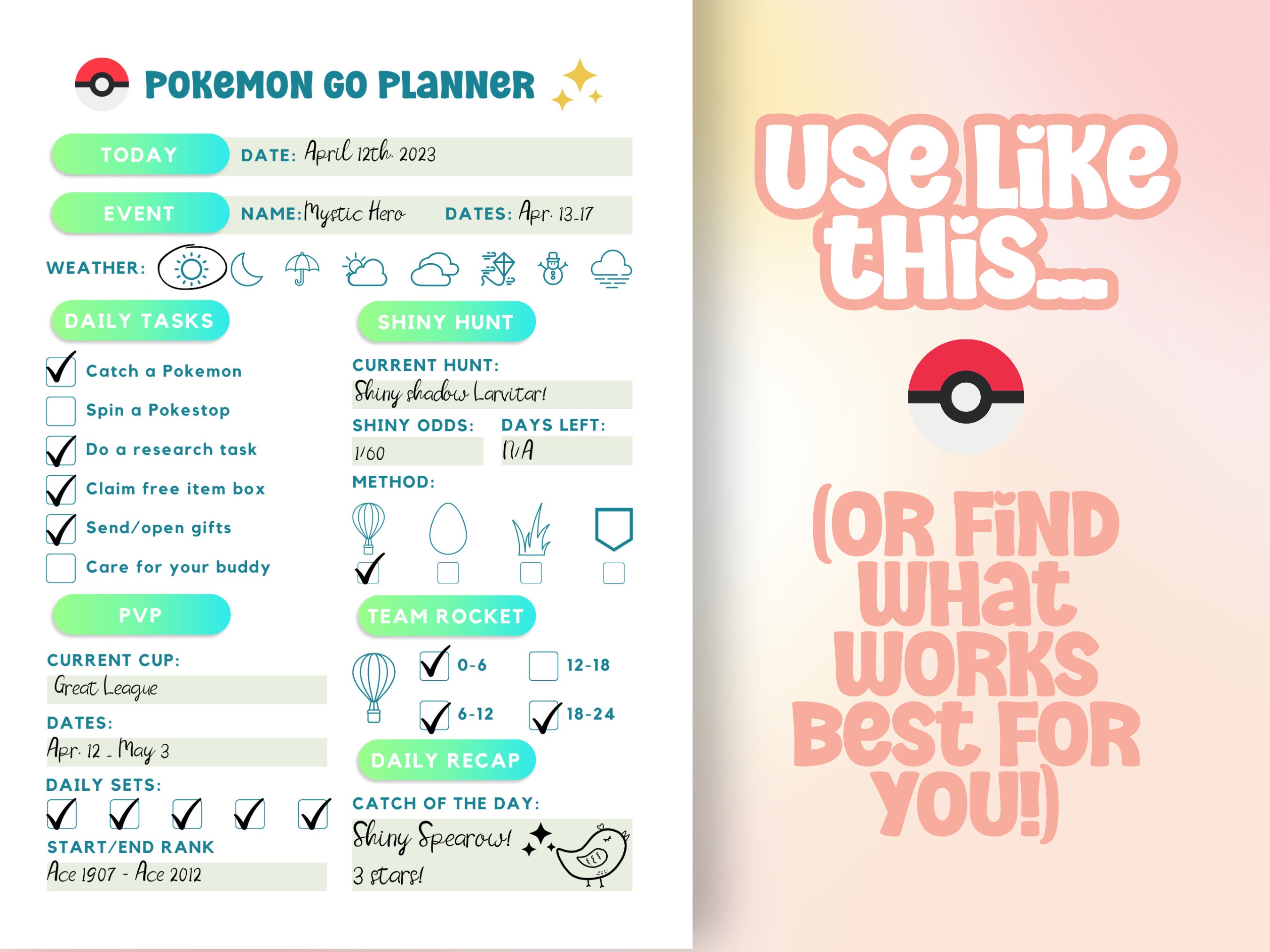 Pokemon GO Daily Planner Printable Pokemon GO Printable Checklist Daily ...