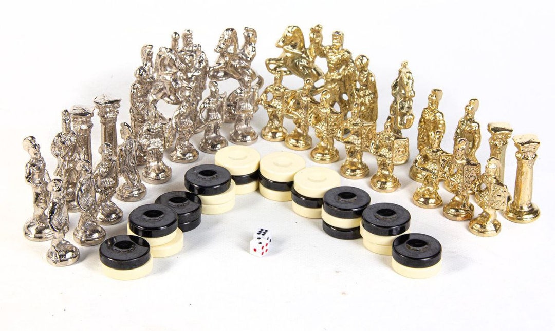 Shiny Metal Chess and Backgammon Pieces Complete Set of 64 Classic ...