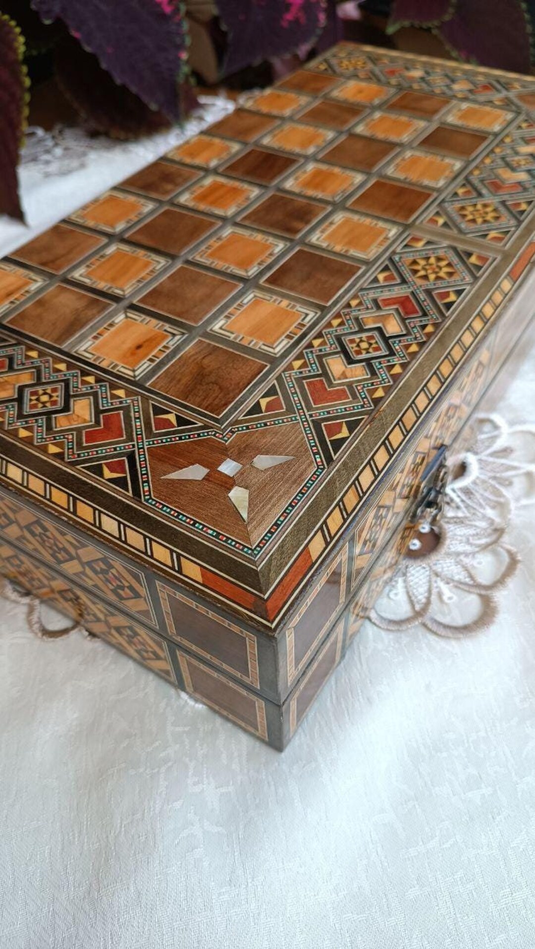 Vintage Mosaic Backgammon and Chess Table Engraved Arabic Backgammon ...