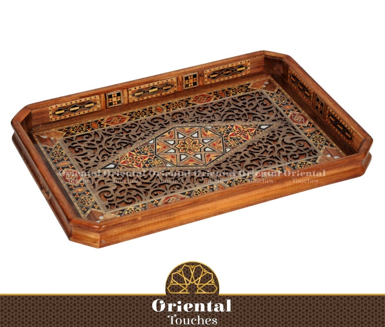 Wooden Handmade Tray Inlaid With Pearl, Oval Carved Tray, Geometric ...