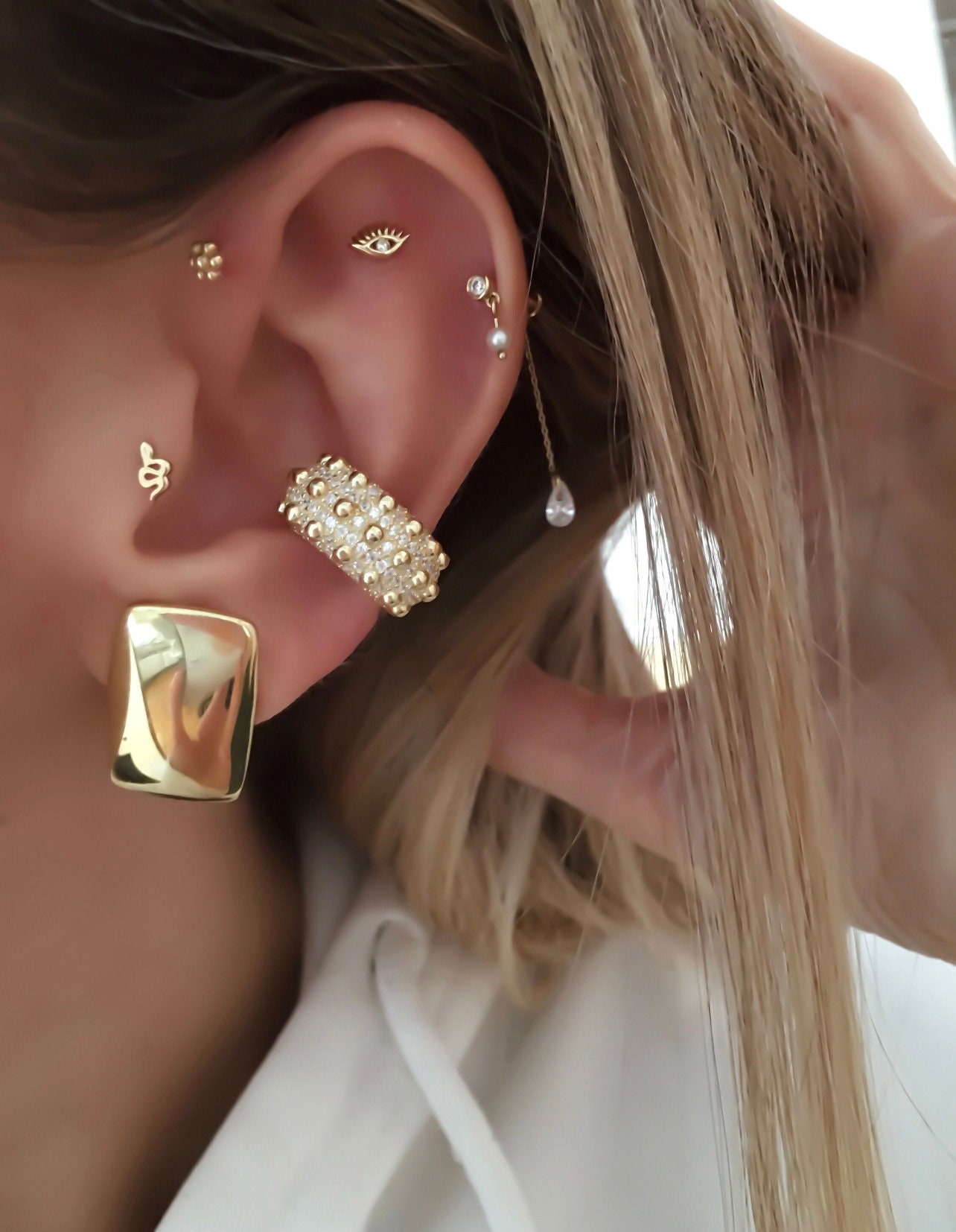 14K Solid Gold Earring, Pearl Piercing, Dangle Chain Piercing ,gold ...