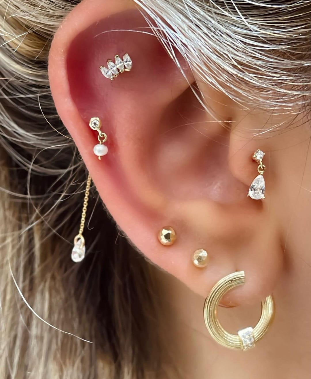 14K Solid Gold Earring, Pearl Piercing, Dangle Chain Piercing ,gold ...