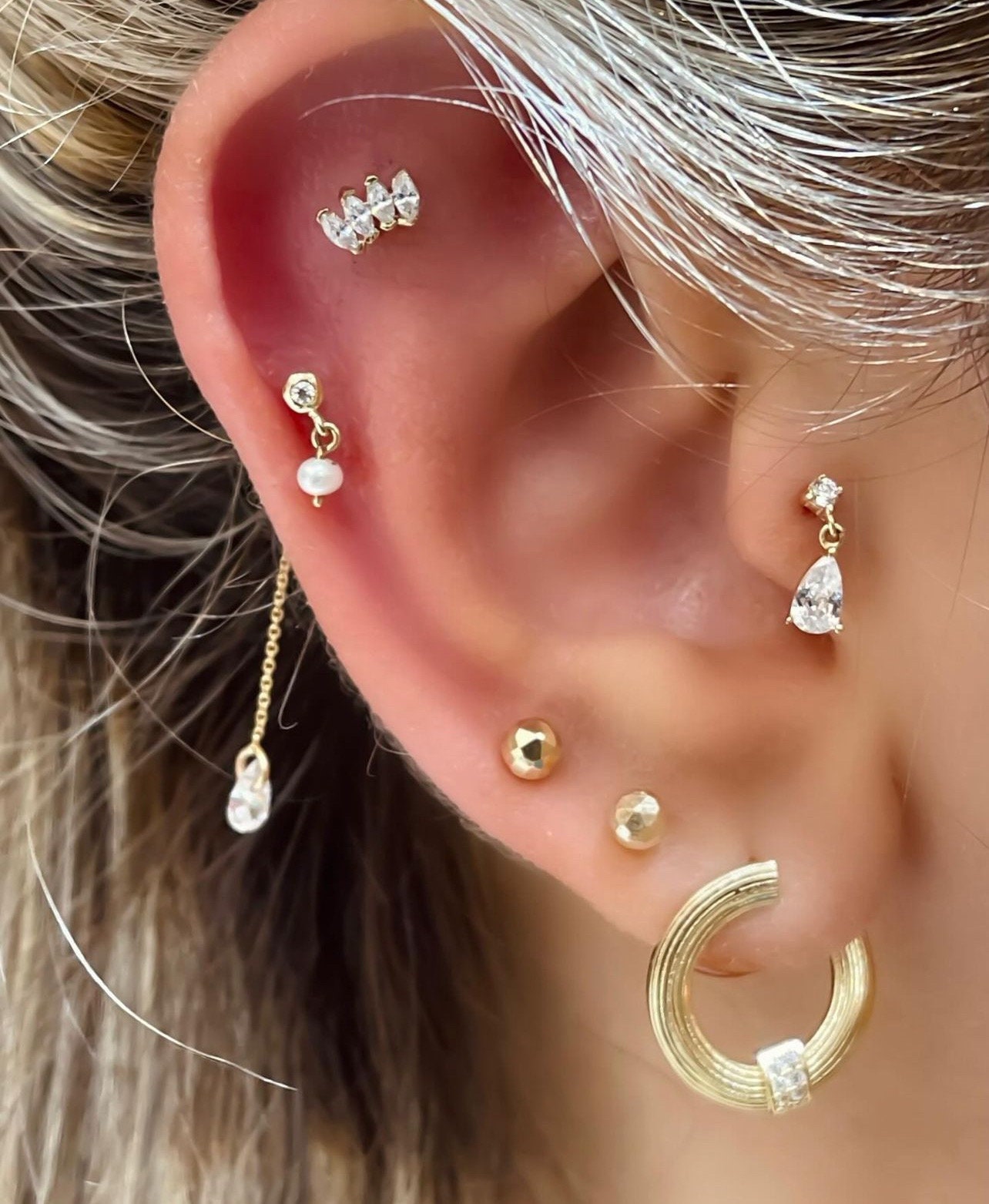 14K Solid Gold Earring, Pearl Piercing, Dangle Chain Piercing ,gold ...