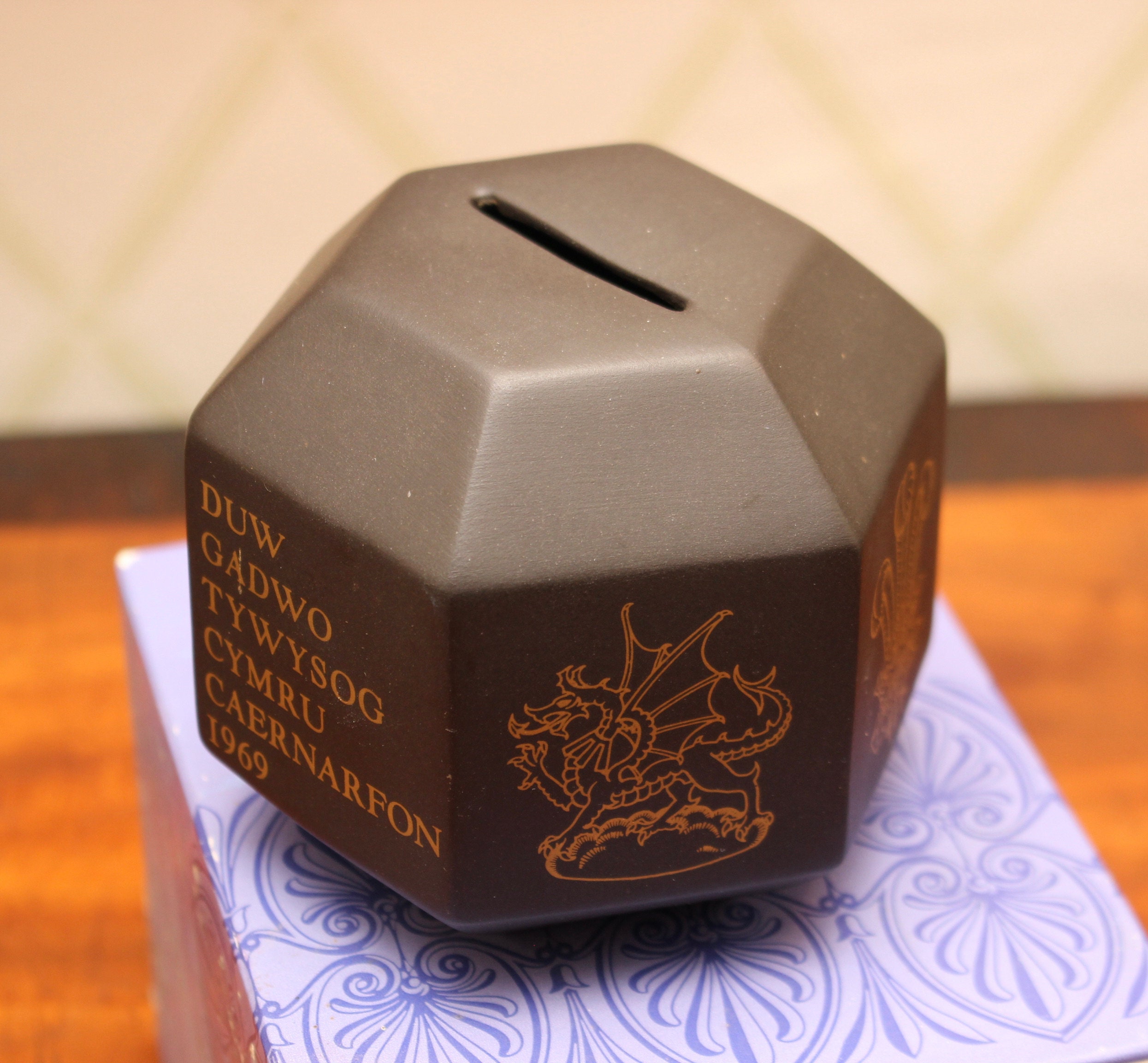 Prince Charles Investiture Money Box Wedgwood, Black Basalt, ORIG. BOX ...