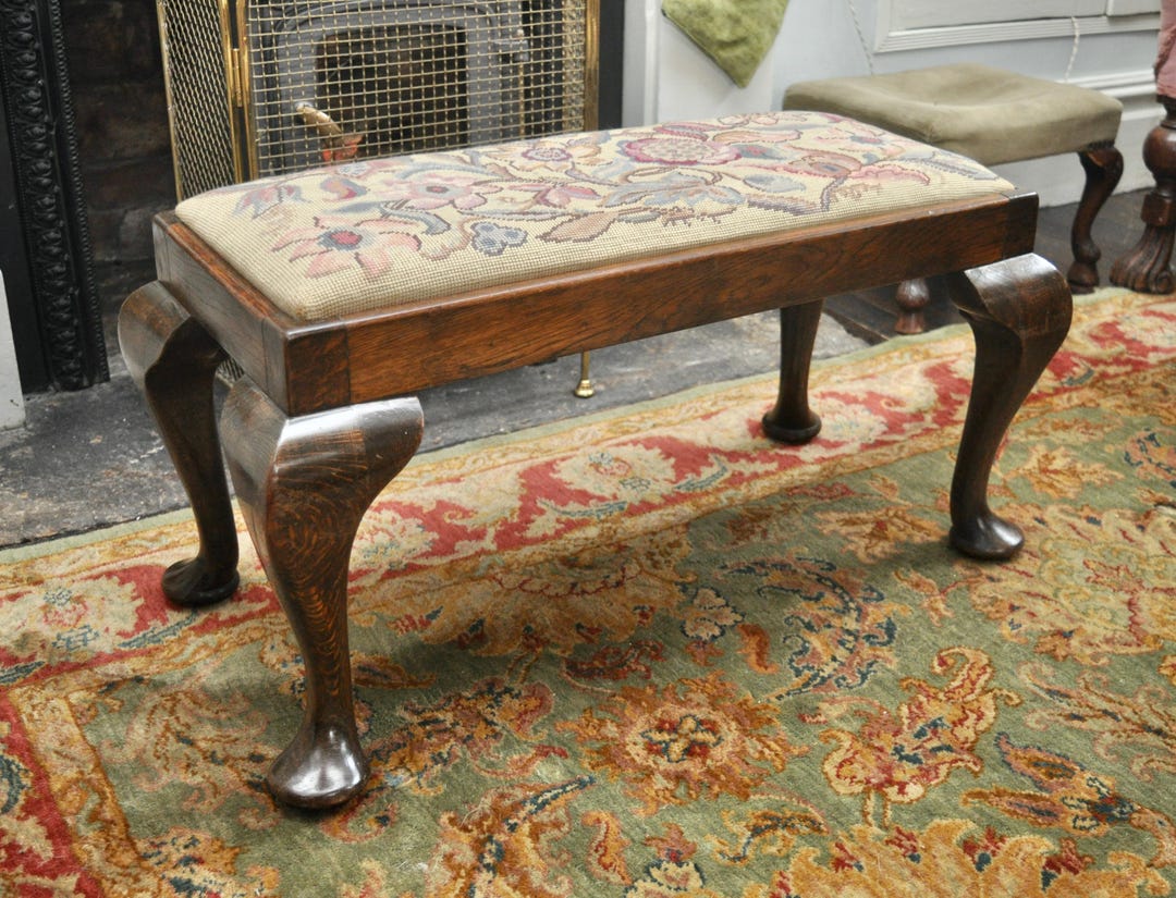 A Handsome Antique Country House Tapestry Fireside Stool, Oak Cabriole ...