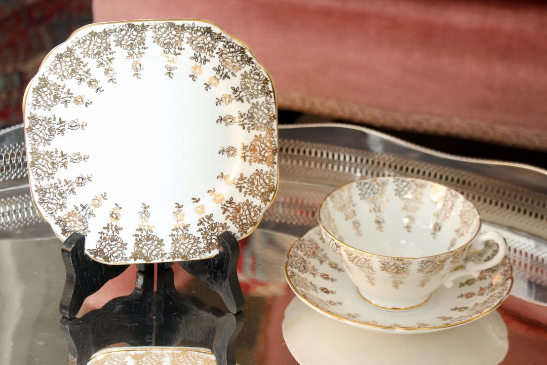 A Pretty Stanley Bone China Cup and Saucer Trio, Gold Floral - Etsy