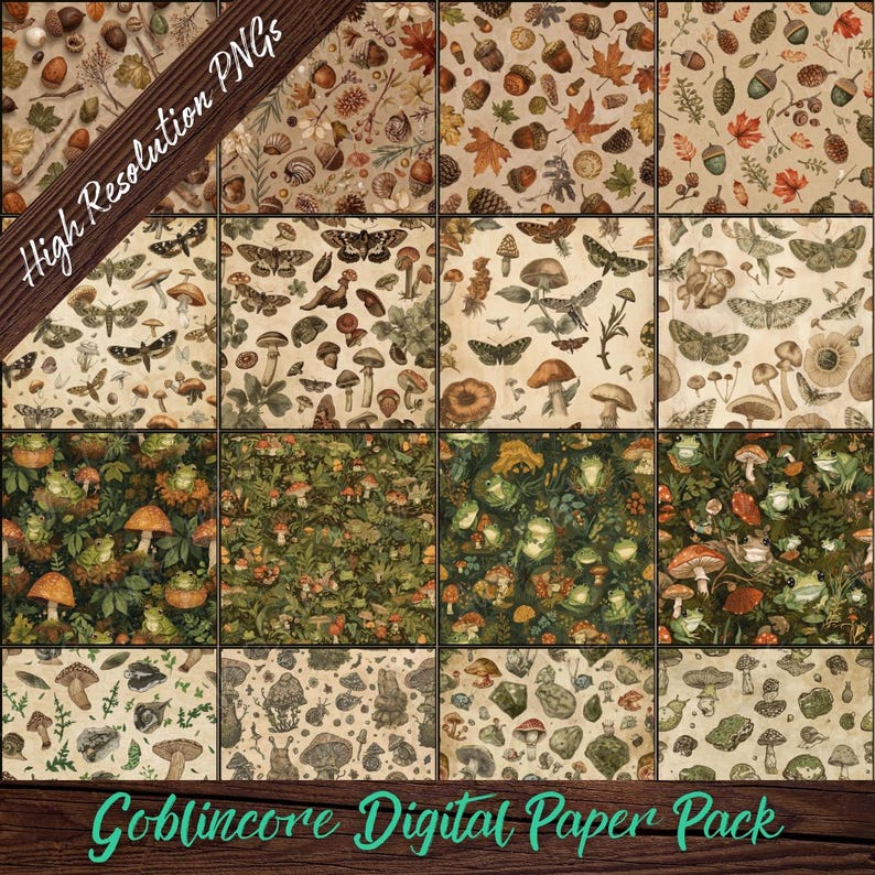 200+ Goblincore Digital Paper Bundle: Mushroom Forest Patterns (digital ...