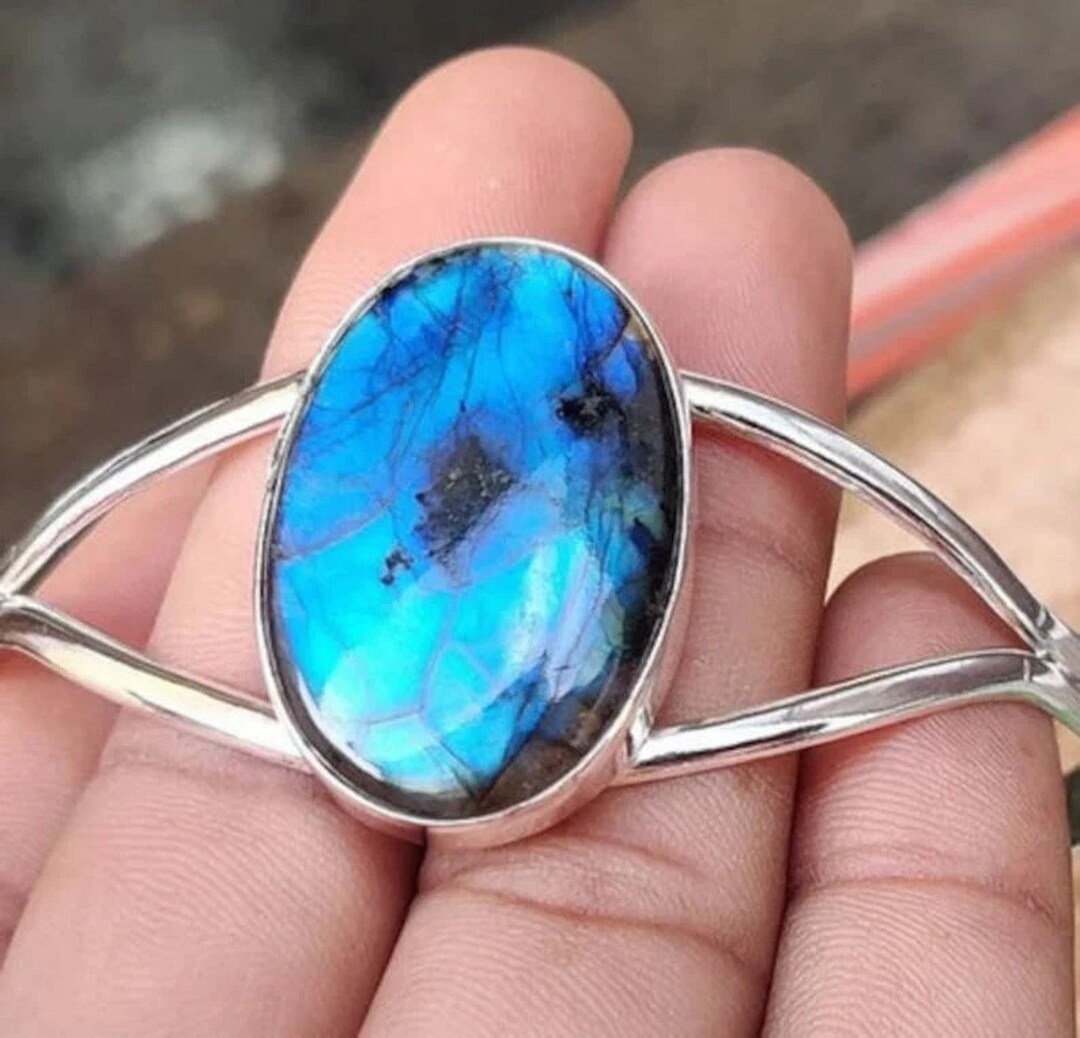 Blue Fire Labradorite Bangle: Handmade 925 Silver Adjustable Gemstone ...