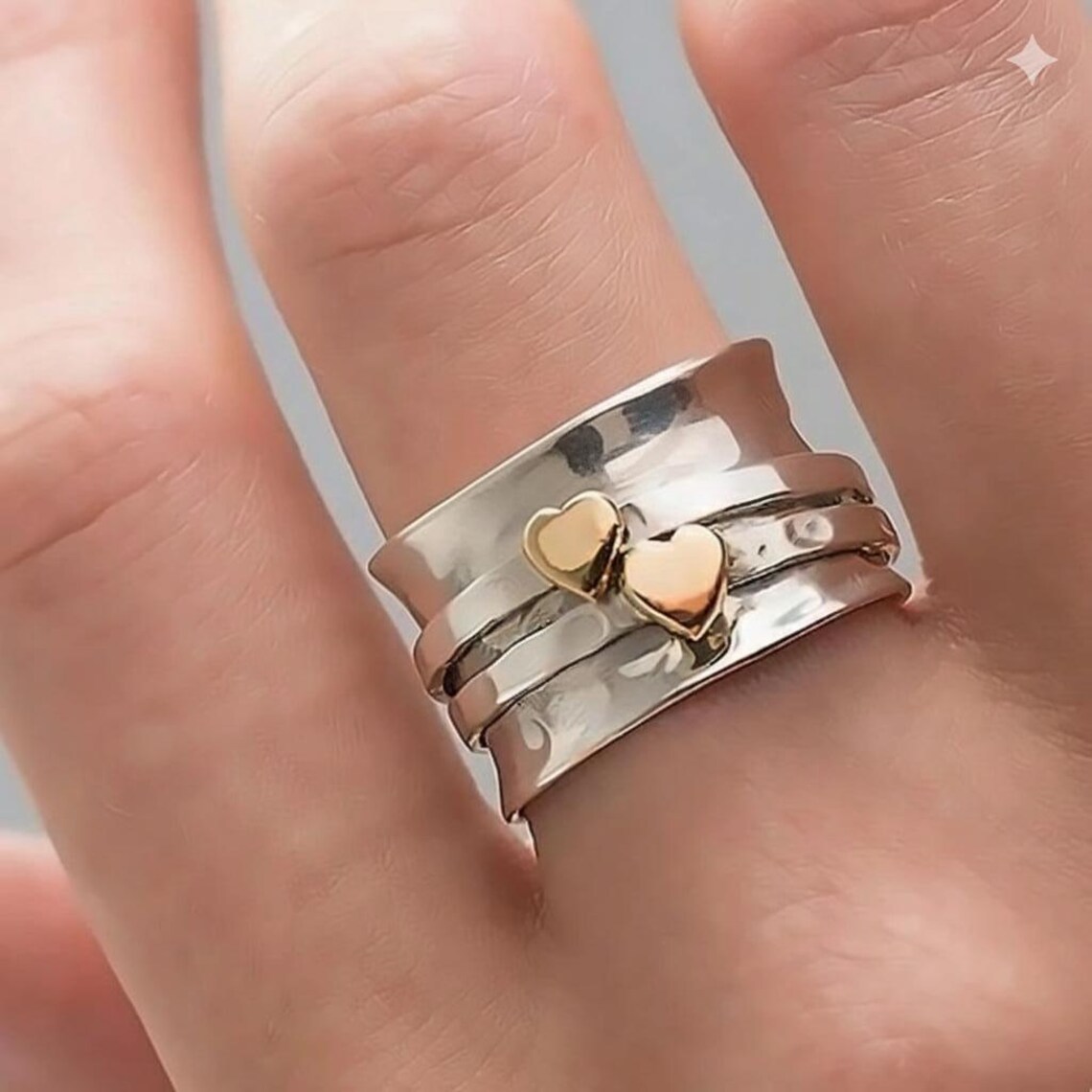 Sterling Silver Heart Spinner Ring: Hammered Worry Ring for Women - Etsy