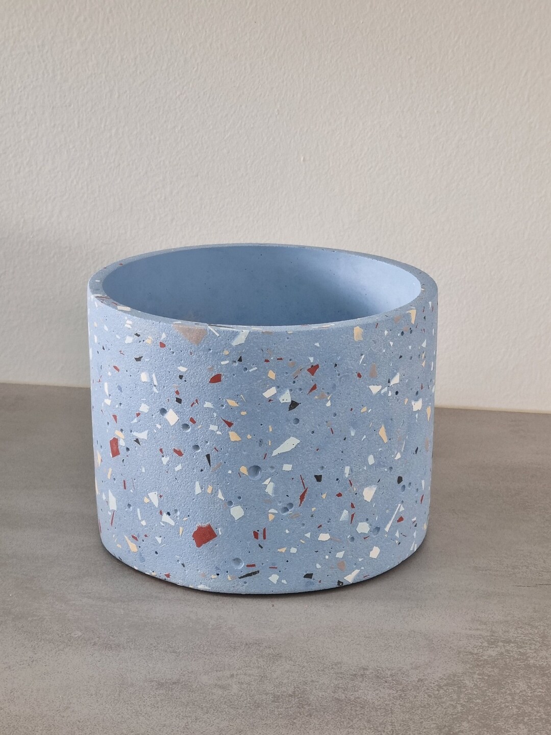Large Round Pot / Plant Pot in Blue Concrete and Multi-colored Terrazzo ...