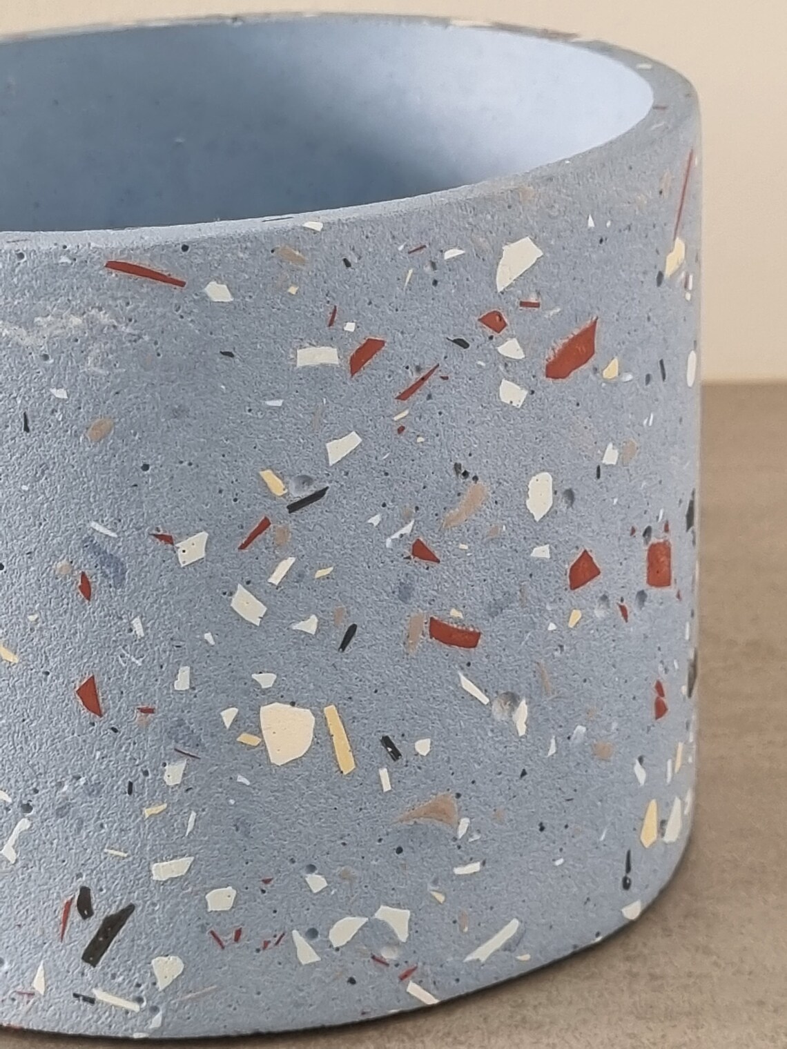 Large Round Pot / Plant Pot in Blue Concrete and Multi-colored Terrazzo ...