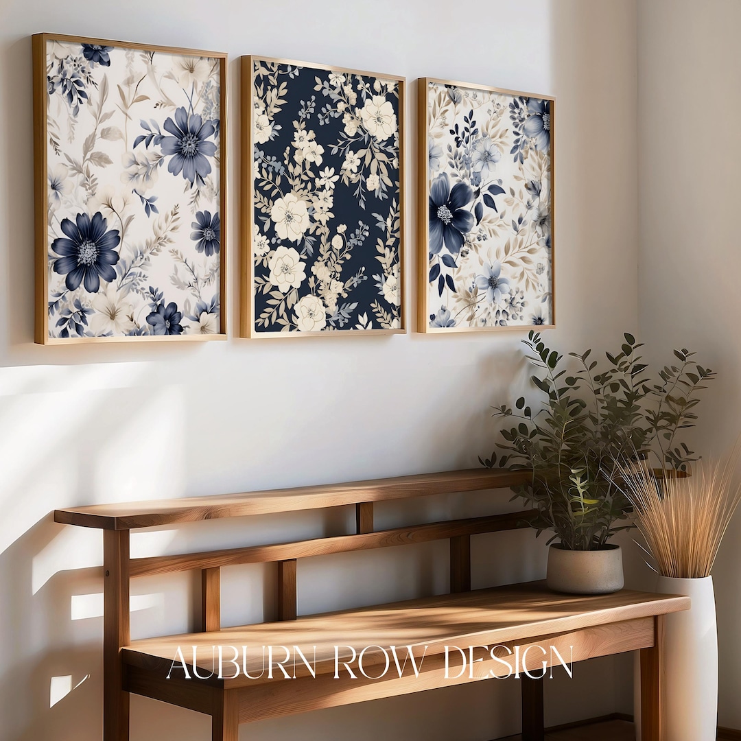 Navy Blue Floral Art Set, Navy Blue Triptych Printable Art, Navy Blue ...