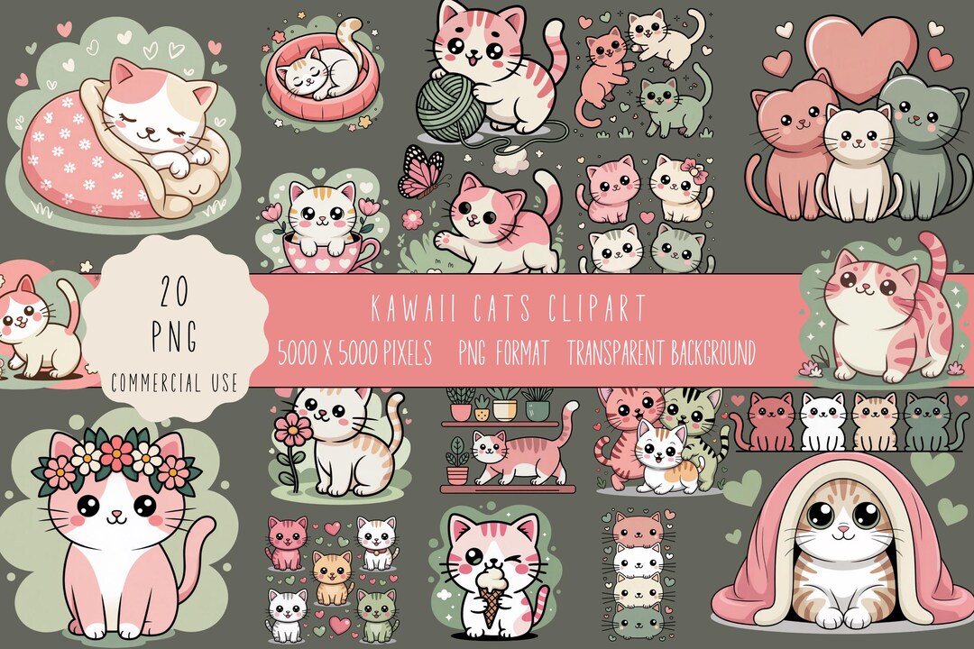Kawaii Cats Clipart, Kawaii Cats PNG, Kawaii Cats Sublimation PNG, Cat ...
