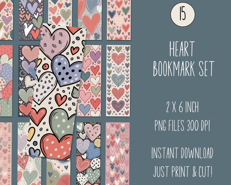 Heart Bookmark Set, Hearts Printable Bookmarks, Heart Bookmark PNG ...
